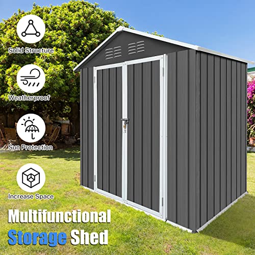 YOFE Outdoor Storage Sheds,6x4FT Outdoor Metal Storage Shed with Base Frame,Storage House with Air Vent,Lockable Door and Sloped Roof for Backyard Garden, Patio, Lawn (Grey)