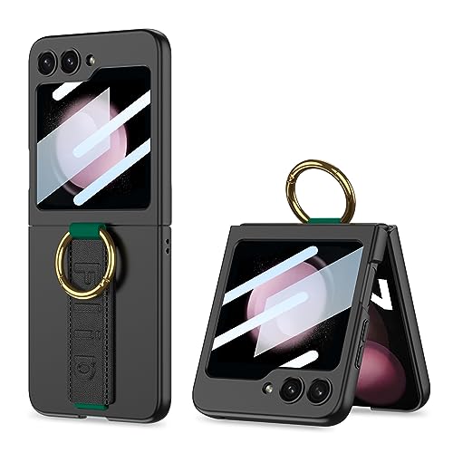 DEMCERT for Samsung Galaxy Z Flip 5 Case with Wrist Band Ring, Ultra Thin Hard PC Back 9H Glass Camera Lens Protector Shockproof Cover for Samsung Galaxy Z Flip 5 5G (Black)