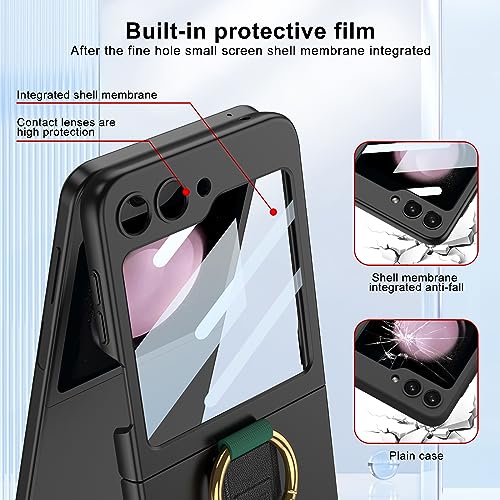 DEMCERT for Samsung Galaxy Z Flip 5 Case with Wrist Band Ring, Ultra Thin Hard PC Back 9H Glass Camera Lens Protector Shockproof Cover for Samsung Galaxy Z Flip 5 5G (Black)