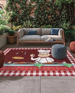 absorbant area rug, kitchen decor cartoon chef gourmet food dinner table wine red buffalo check outdoor non-slip bottom carpet mat for patio camping rv picnic backyard deck balcony porch beach 4x6 ft