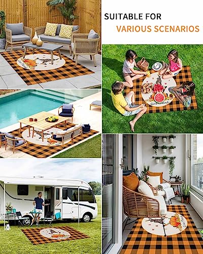 Outdoor Patio Rugs Pumpkin Sunflowers Fallen Leaves Outdoor Area Rug Orange Checkered Non-Slip Backyard/Camping RV Rug/Deck/Porch Rug Front Door Floor Mat Carpet,5x8ft,