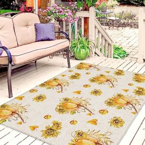 Outdoor Patio Rugs Fall Pumpkin with Sunflowers Outdoor Area Rug Fallen Leaves Non-Slip Backyard/Camping RV Rug/Deck/Porch Rug Front Door Floor Mat Carpet,4x6ft,