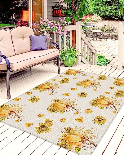 Outdoor Patio Rugs Fall Pumpkin with Sunflowers Outdoor Area Rug Fallen Leaves Non-Slip Backyard/Camping RV Rug/Deck/Porch Rug Front Door Floor Mat Carpet,4x6ft,