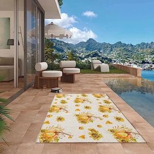 Outdoor Patio Rugs Fall Pumpkin with Sunflowers Outdoor Area Rug Fallen Leaves Non-Slip Backyard/Camping RV Rug/Deck/Porch Rug Front Door Floor Mat Carpet,4x6ft,