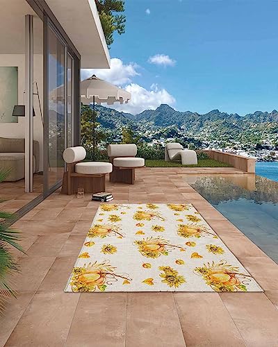 Outdoor Patio Rugs Fall Pumpkin with Sunflowers Outdoor Area Rug Fallen Leaves Non-Slip Backyard/Camping RV Rug/Deck/Porch Rug Front Door Floor Mat Carpet,4x6ft,