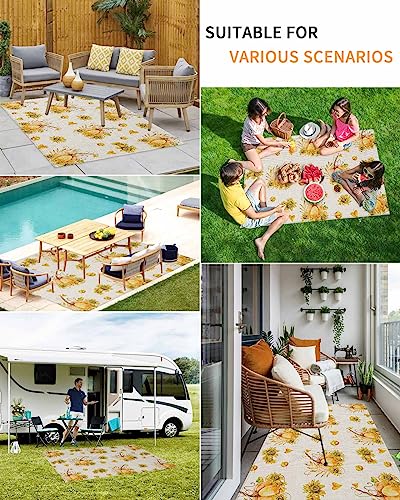 Outdoor Patio Rugs Fall Pumpkin with Sunflowers Outdoor Area Rug Fallen Leaves Non-Slip Backyard/Camping RV Rug/Deck/Porch Rug Front Door Floor Mat Carpet,4x6ft,