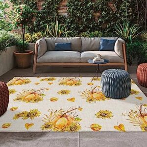 Outdoor Patio Rugs Fall Pumpkin with Sunflowers Outdoor Area Rug Fallen Leaves Non-Slip Backyard/Camping RV Rug/Deck/Porch Rug Front Door Floor Mat Carpet,4x6ft,