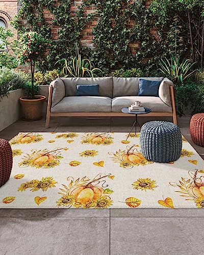 Outdoor Patio Rugs Fall Pumpkin with Sunflowers Outdoor Area Rug Fallen Leaves Non-Slip Backyard/Camping RV Rug/Deck/Porch Rug Front Door Floor Mat Carpet,4x6ft,