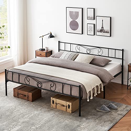 IDEALHOUSE King Bed Frame Platform with Headboard and Footboard Metal Bed Mattress Foundation with Storage No Box Spring Needed Black