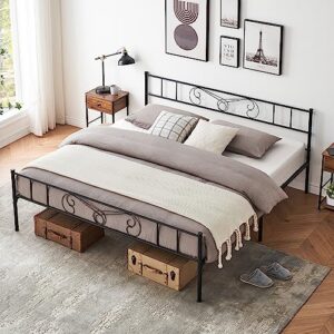 IDEALHOUSE King Bed Frame Platform with Headboard and Footboard Metal Bed Mattress Foundation with Storage No Box Spring Needed Black