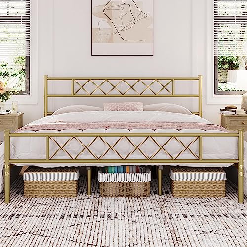 Yaheetech Metal Platform King Bed Frame Mattress Foundation with Headboard and Footboard No Box Spring Needed Under Bed Storage Steel Slats Antique Gold