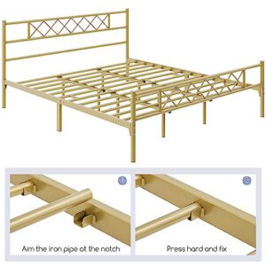 Yaheetech Metal Platform King Bed Frame Mattress Foundation with Headboard and Footboard No Box Spring Needed Under Bed Storage Steel Slats Antique Gold