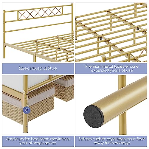 Yaheetech Metal Platform King Bed Frame Mattress Foundation with Headboard and Footboard No Box Spring Needed Under Bed Storage Steel Slats Antique Gold