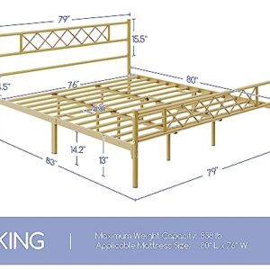 Yaheetech Metal Platform King Bed Frame Mattress Foundation with Headboard and Footboard No Box Spring Needed Under Bed Storage Steel Slats Antique Gold