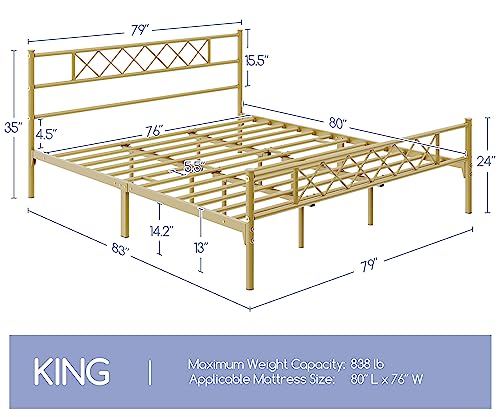 Yaheetech Metal Platform King Bed Frame Mattress Foundation with Headboard and Footboard No Box Spring Needed Under Bed Storage Steel Slats Antique Gold