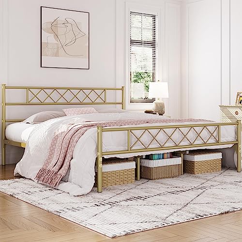 Yaheetech Metal Platform King Bed Frame Mattress Foundation with Headboard and Footboard No Box Spring Needed Under Bed Storage Steel Slats Antique Gold