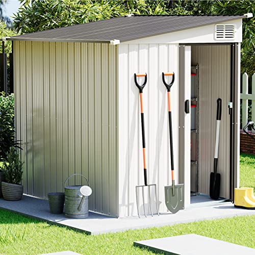 Fingertip WD Outdoor Storage Sheds 4 x 6 FT - Freestanding Outside Steel Shed, Metal Tool Shelter for Storage Lawn Mower, Garbage, Equipment, for Garden, Patio(White)