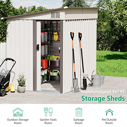 Fingertip WD Outdoor Storage Sheds 4 x 6 FT - Freestanding Outside Steel Shed, Metal Tool Shelter for Storage Lawn Mower, Garbage, Equipment, for Garden, Patio(White)