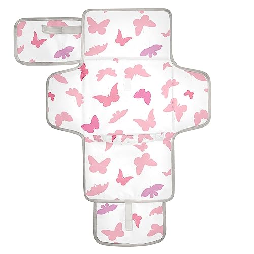 Pink Butterflies Portable Baby Changing Pad Travel Diaper Changing Pad Foldable Waterproof Changing Station with Built-in Pillow for Baby Gifts Stuff Newborn