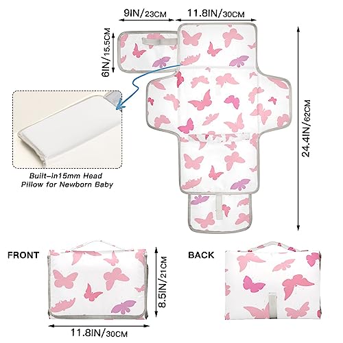 Pink Butterflies Portable Baby Changing Pad Travel Diaper Changing Pad Foldable Waterproof Changing Station with Built-in Pillow for Baby Gifts Stuff Newborn