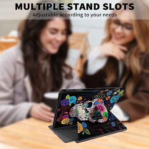 Case for Amazon Fire 7 (7 inch, 9th/7th/5th Generation, 2019/2017/2015 Release), 360 Degree Multi-Viewing Angles Adjustable Stand PU Leather Cover, Sugar Skull