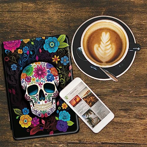 Case for Amazon Fire 7 (7 inch, 9th/7th/5th Generation, 2019/2017/2015 Release), 360 Degree Multi-Viewing Angles Adjustable Stand PU Leather Cover, Sugar Skull