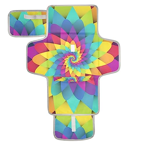 Bright Rainbow Spiral Psychedelic Portable Baby Changing Pad Diaper Changing Table Pad Foldable Waterproof Travel Changing Station with Built-in Pillow for Unisex Baby Newborn Gift