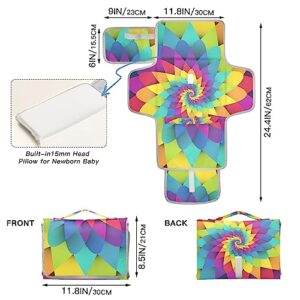 Bright Rainbow Spiral Psychedelic Portable Baby Changing Pad Diaper Changing Table Pad Foldable Waterproof Travel Changing Station with Built-in Pillow for Unisex Baby Newborn Gift