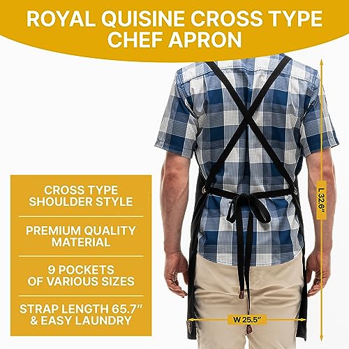 Royal Quisine Chef Apron – Cotton Aprons for Men and Women – Professional Cooking Apron for BBQ, Barista, Chef, Gardener – Comfortable Waist Apron with X-Shaped Straps – Korean Embroidery