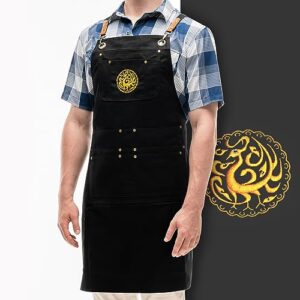 Royal Quisine Chef Apron – Cotton Aprons for Men and Women – Professional Cooking Apron for BBQ, Barista, Chef, Gardener – Comfortable Waist Apron with X-Shaped Straps – Korean Embroidery