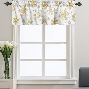 Winter Snowflake Kitchen Curtain Valance for Window Gold Grey Geometric on White 60x18In Rod Pocket Valances Short Curtains Window Treatment for Living Room Bathroom Bedroom Cafe Decor Wave Point