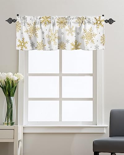 Winter Snowflake Kitchen Curtain Valance for Window Gold Grey Geometric on White 60x18In Rod Pocket Valances Short Curtains Window Treatment for Living Room Bathroom Bedroom Cafe Decor Wave Point