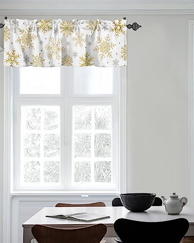 Winter Snowflake Kitchen Curtain Valance for Window Gold Grey Geometric on White 60x18In Rod Pocket Valances Short Curtains Window Treatment for Living Room Bathroom Bedroom Cafe Decor Wave Point