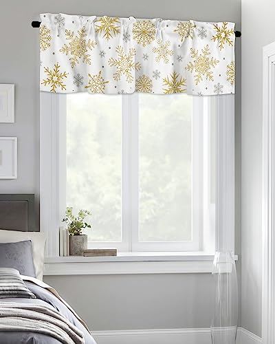 Winter Snowflake Kitchen Curtain Valance for Window Gold Grey Geometric on White 60x18In Rod Pocket Valances Short Curtains Window Treatment for Living Room Bathroom Bedroom Cafe Decor Wave Point