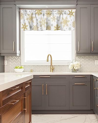 Winter Snowflake Kitchen Curtain Valance for Window Gold Grey Geometric on White 60x18In Rod Pocket Valances Short Curtains Window Treatment for Living Room Bathroom Bedroom Cafe Decor Wave Point