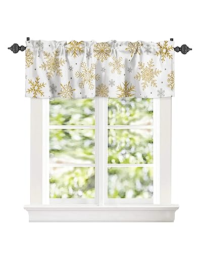 Winter Snowflake Kitchen Curtain Valance for Window Gold Grey Geometric on White 60x18In Rod Pocket Valances Short Curtains Window Treatment for Living Room Bathroom Bedroom Cafe Decor Wave Point