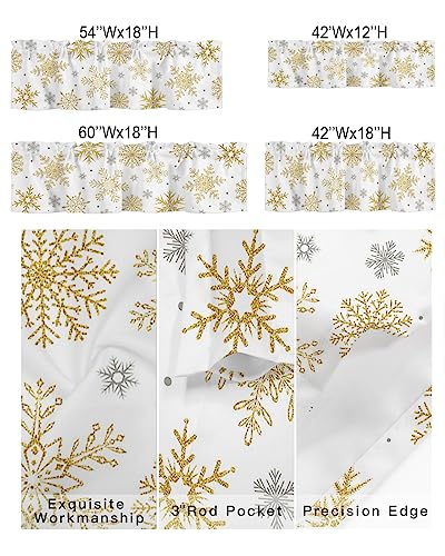 Winter Snowflake Kitchen Curtain Valance for Window Gold Grey Geometric on White 60x18In Rod Pocket Valances Short Curtains Window Treatment for Living Room Bathroom Bedroom Cafe Decor Wave Point