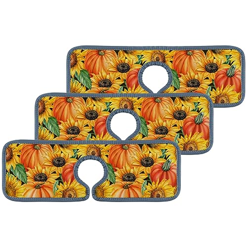 Absorbent Kitchen Faucet Mat 3 Pieces Pattern of Pumpkins Sunflowers Faucet Sink Splash Catcher Bathroom Counter Drip Catcher,Splash Guard Water Stains Preventer