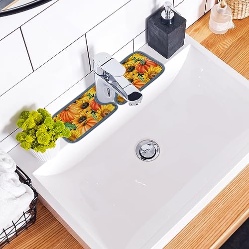 Absorbent Kitchen Faucet Mat 3 Pieces Pattern of Pumpkins Sunflowers Faucet Sink Splash Catcher Bathroom Counter Drip Catcher,Splash Guard Water Stains Preventer