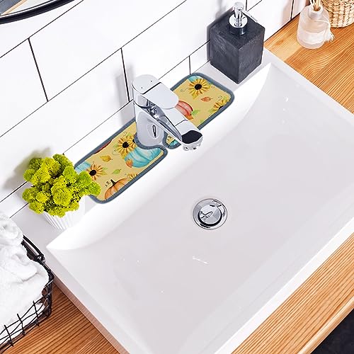 Kitchen Faucet Mat Splash Guard 2 Pieces Hand Drawn Sunflowers Pumpkins Absorbent Faucet Sink for Bathroom Counter,Faucet Counter Water Stains Preventer Drip Catcher