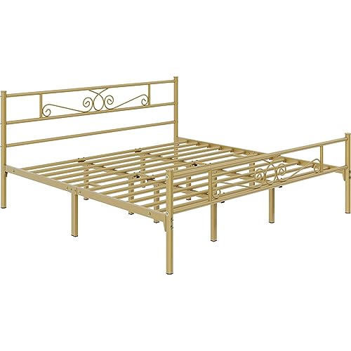 Yaheetech King Size Bed Frame Iron Mattress Foundation with Scroll Design Antique Gold Iron-Art Headboard and Footboard No Box Spring Needed Platform Bed for Beddrooms Guestrooms Dormitories