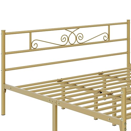 Yaheetech King Size Bed Frame Iron Mattress Foundation with Scroll Design Antique Gold Iron-Art Headboard and Footboard No Box Spring Needed Platform Bed for Beddrooms Guestrooms Dormitories