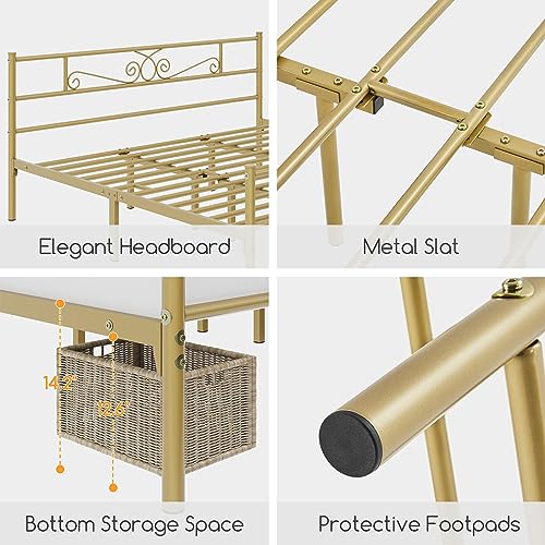 Yaheetech King Size Bed Frame Iron Mattress Foundation with Scroll Design Antique Gold Iron-Art Headboard and Footboard No Box Spring Needed Platform Bed for Beddrooms Guestrooms Dormitories