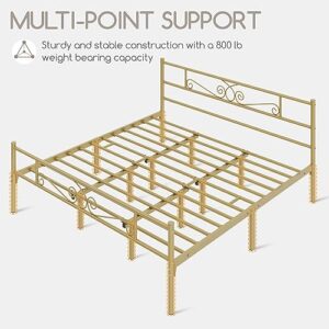 Yaheetech King Size Bed Frame Iron Mattress Foundation with Scroll Design Antique Gold Iron-Art Headboard and Footboard No Box Spring Needed Platform Bed for Beddrooms Guestrooms Dormitories