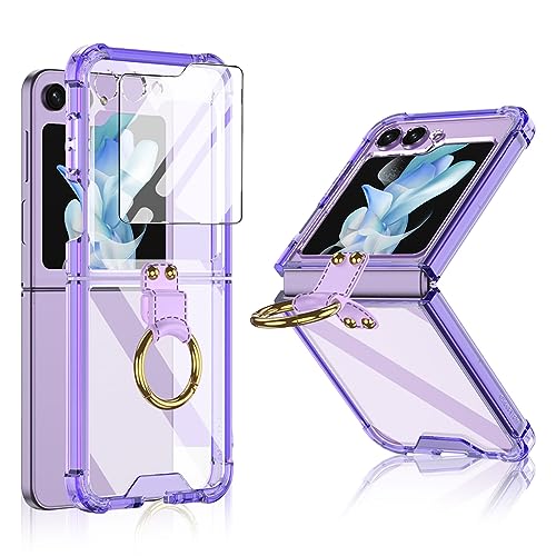 Aitipy for Samsung Galaxy Z Flip 5 Case with Ring Stand, 1 Front Screen Protector, Crystal Clear Slim Fit, Soft TPU Bumper Shockproof Protective Phone Case for Women Girls Boys(Clear Purple)