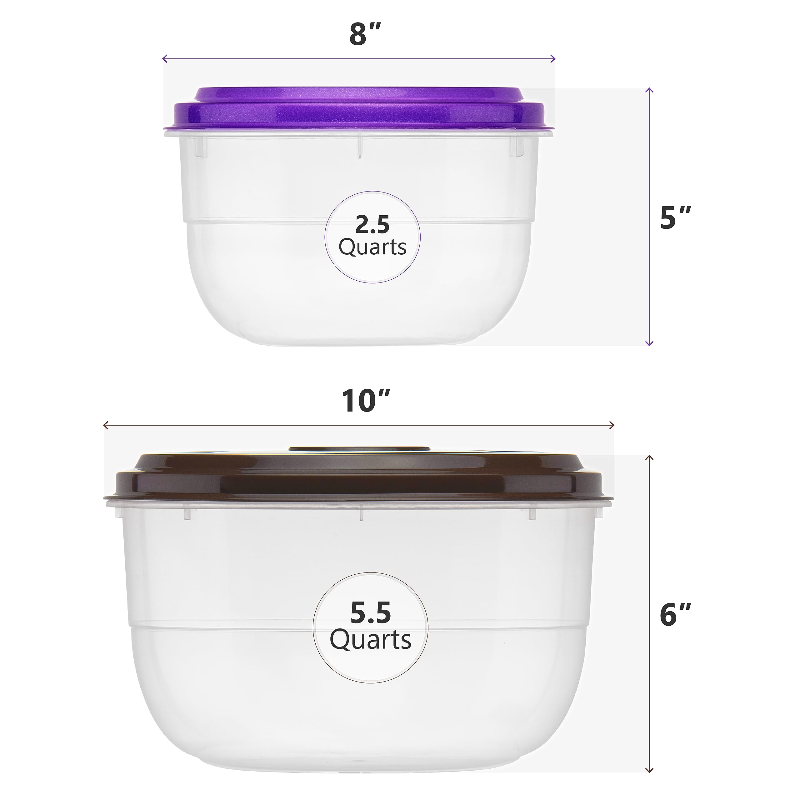 DecorRack Food Storage Container Set, 2.5 Quarts and 5.5 Quarts, BPA Free- Plastic, Food Grade Safe, Heavy Duty Dry Storage Containers, Round Large Food Container Bowl with Airtight Lid (2 Pack)