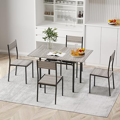 LVSOMT 5-Pieces Dining Table Set for 4, Kitchen Table and Chairs for 4, Metal and Wooden Foldable Table for Small Space, Dining Room Table Set with Built-in Storage Rack (Grey)