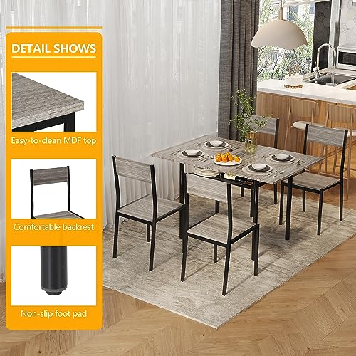 LVSOMT 5-Pieces Dining Table Set for 4, Kitchen Table and Chairs for 4, Metal and Wooden Foldable Table for Small Space, Dining Room Table Set with Built-in Storage Rack (Grey)