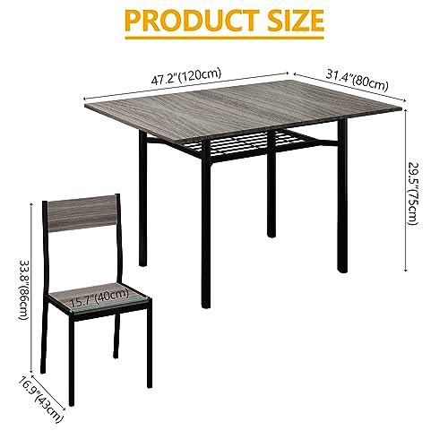 LVSOMT 5-Pieces Dining Table Set for 4, Kitchen Table and Chairs for 4, Metal and Wooden Foldable Table for Small Space, Dining Room Table Set with Built-in Storage Rack (Grey)