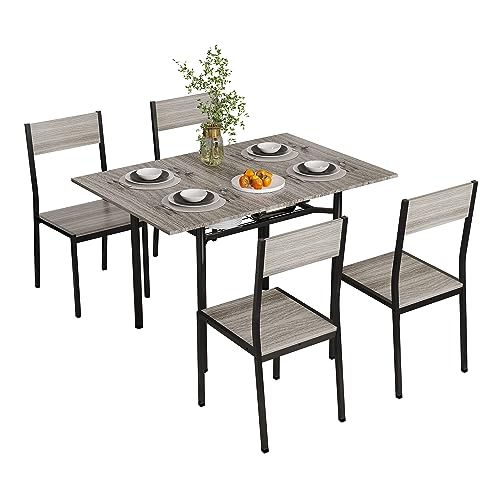 LVSOMT 5-Pieces Dining Table Set for 4, Kitchen Table and Chairs for 4, Metal and Wooden Foldable Table for Small Space, Dining Room Table Set with Built-in Storage Rack (Grey)